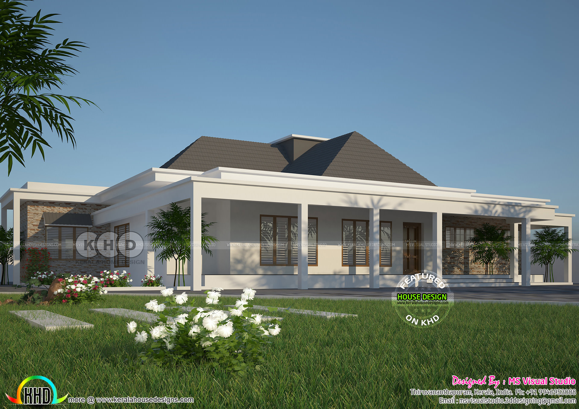 Sloping roof style big single floor house with 4 bedrooms - Kerala Home ...