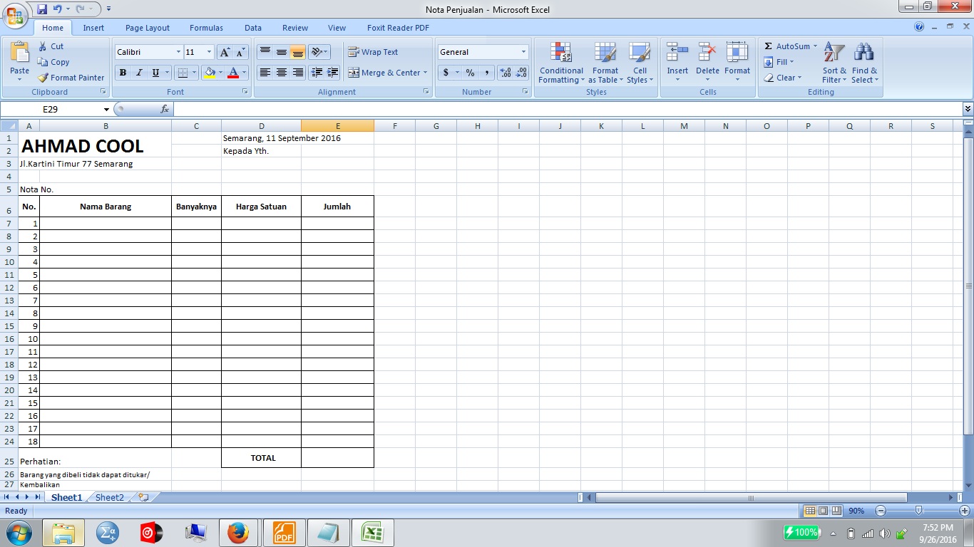 Cara Membuat Nota Penjualan Sederhana Dengan Microsoft Excel