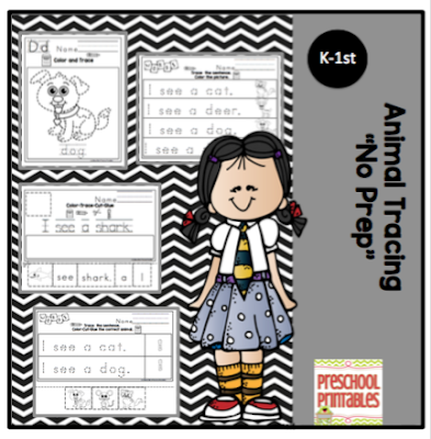 Animal and Sentences Tracing "No Prep" ~ Preschool Printables