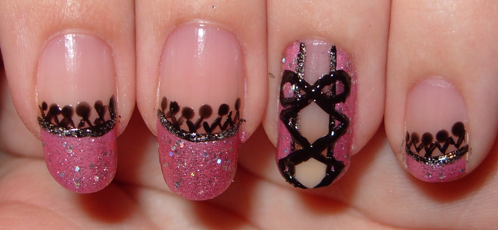 sharihearts: Pink & Black Corset Nail Art