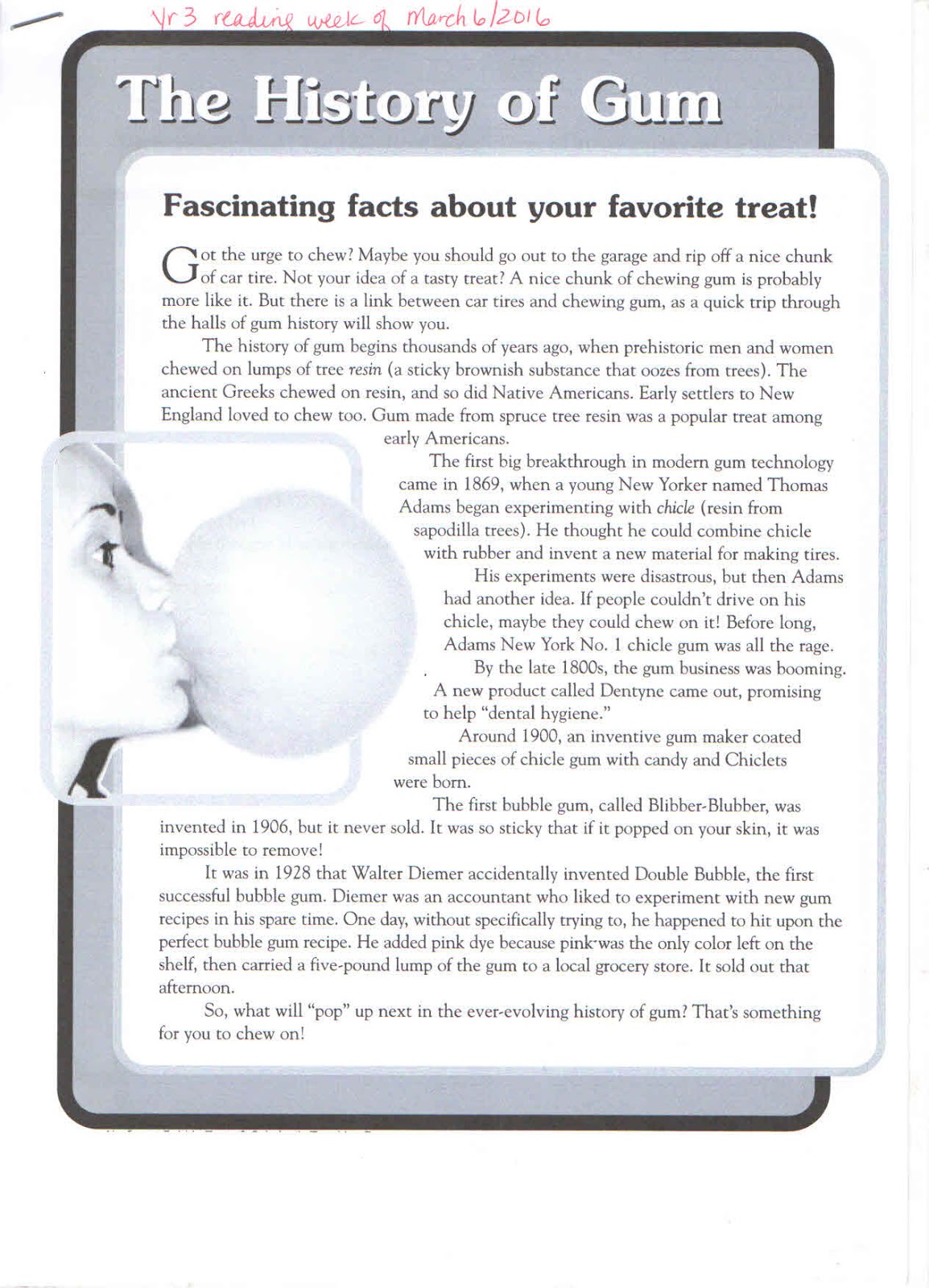 Year 3 fantasy: Reading - The History of Gum