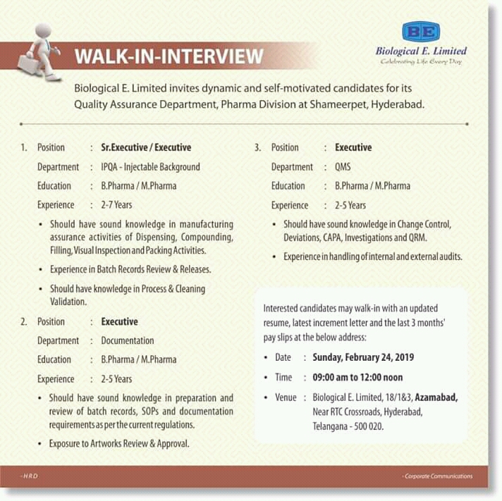 Biological E. Limited Walk-In interview For B. Pharma, M. Pharma On ...