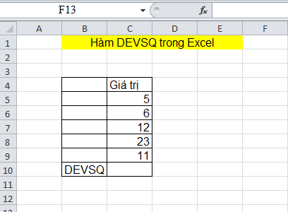 Cách sử dụng hàm DEVSQ trong excel