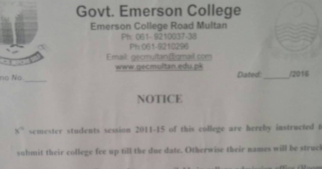Notice for 8th Semester Students session 2011-2015 GEC Multan - Govt ...
