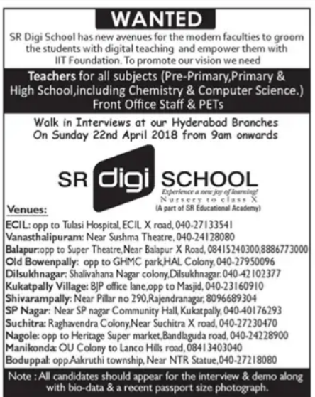 SR Digi School, Hyderabad, Wanted Pre Primary/Primary/High School/Non ...