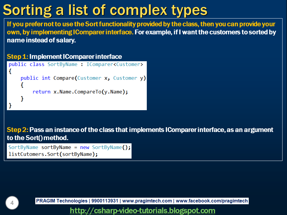 Sql server, .net and c# video tutorial: Part 78 - Sort a list of complex types
