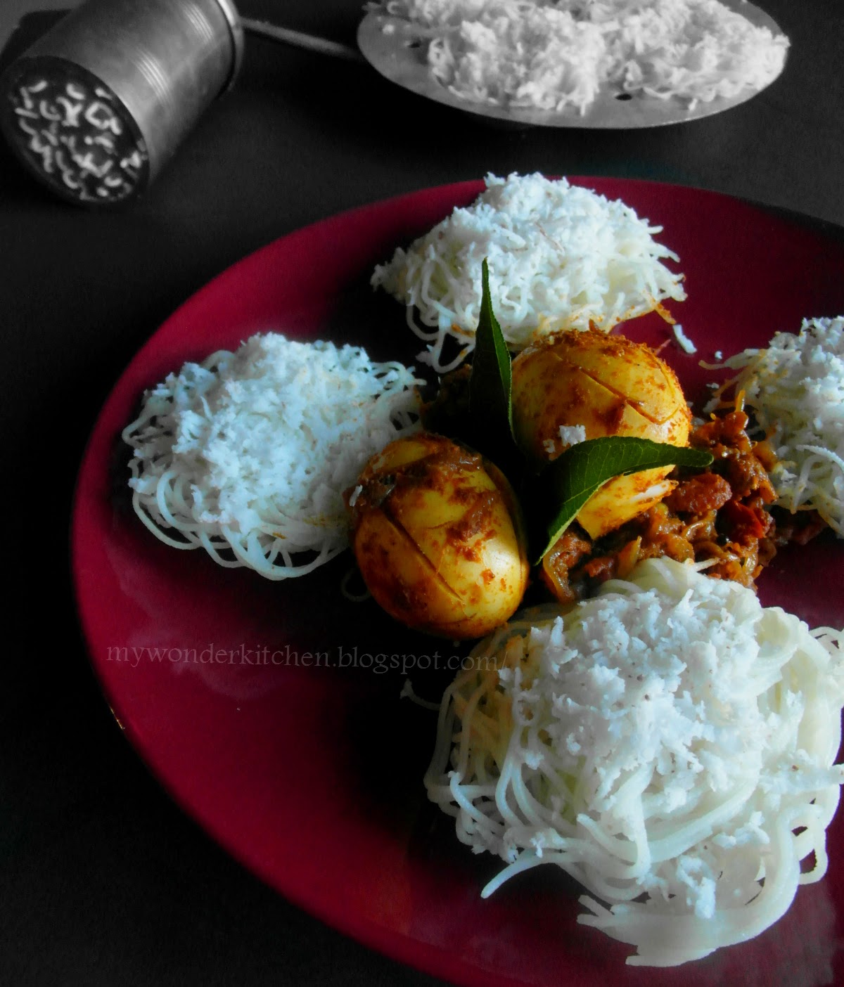Idiyappam|String hoppers|Nool puttu|Sevai served with Kerala Egg Roast