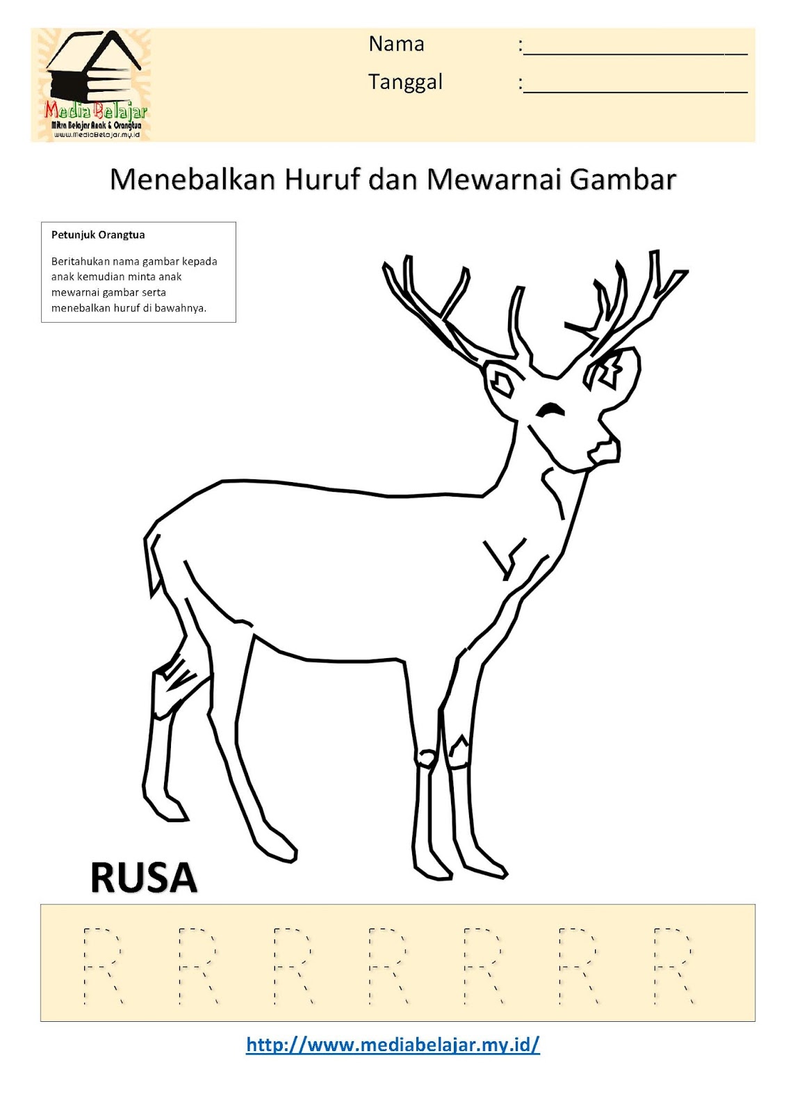 Menebalkan Huruf R dan Mewarnai Gambar Rusa