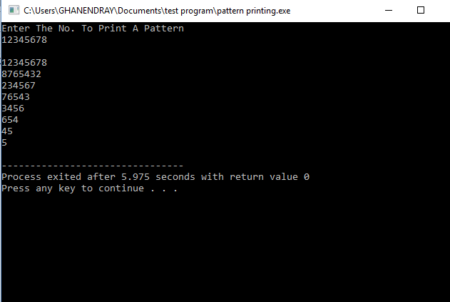 C++ Program To Print A Given Pattern Or Series Like 12345,5432,234,43,3