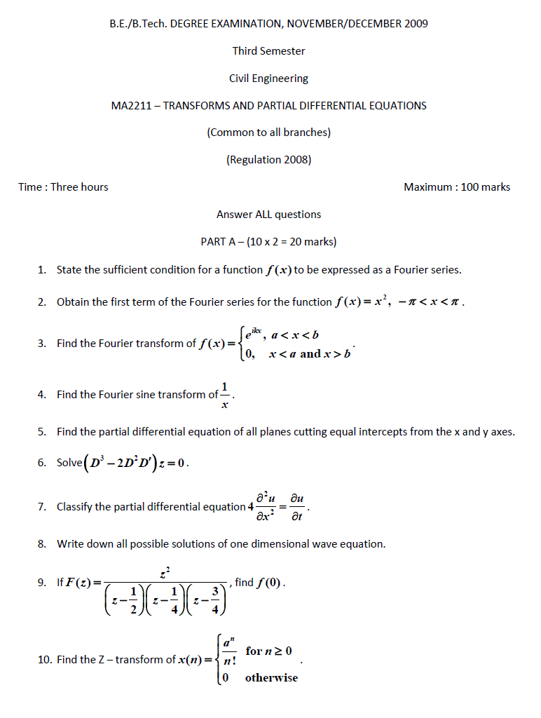MA2211 Transforms and Partial Differential Equations (TPDE) Nov Dec 2009 Question Paper ...
