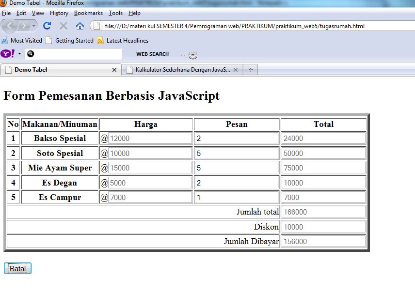 dEviTa_ Blog: Membuat Tabel Pemesanan Menggunakan javaScript