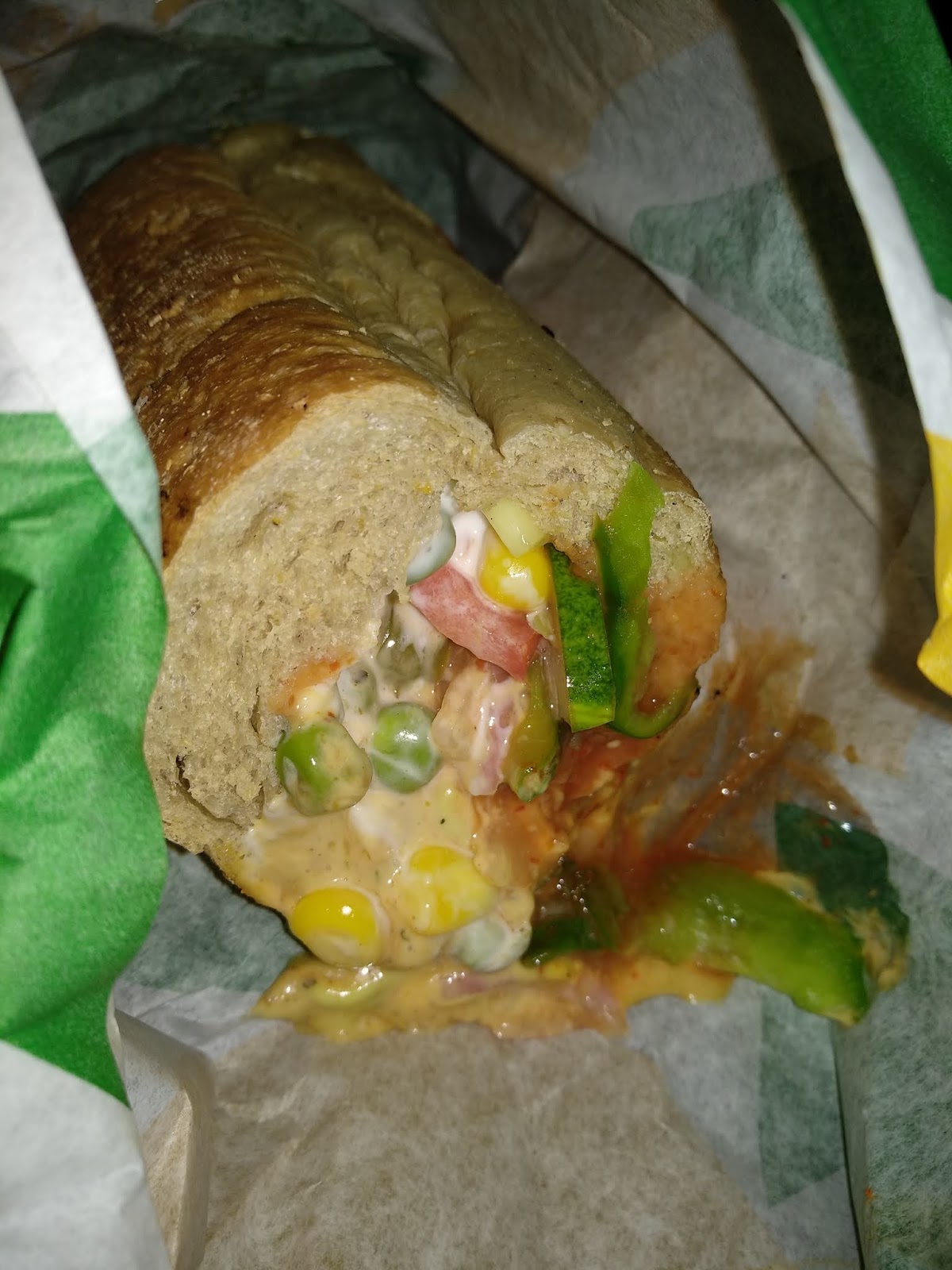 Subway corn and peas, chicken slice sandwich