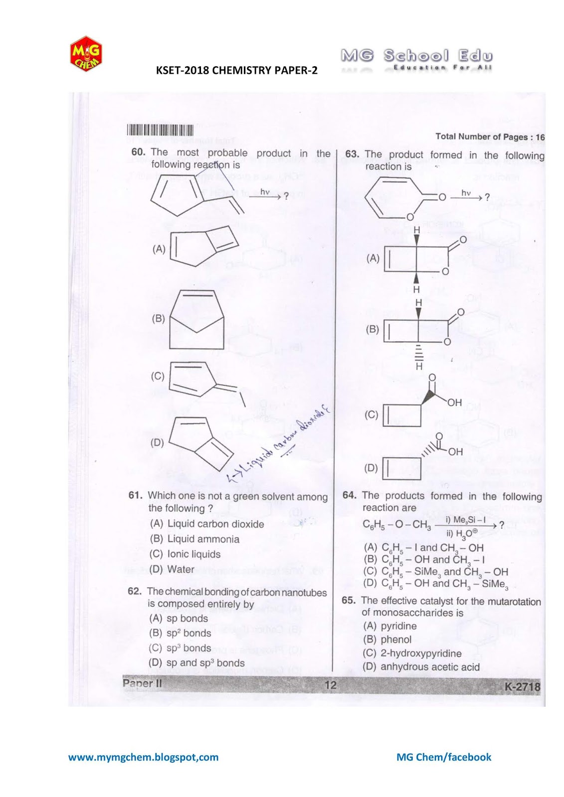 MG SCHOOL SCIENCE: KSET-2018 CHEMICAL SCIENCE QUESTION PAPER