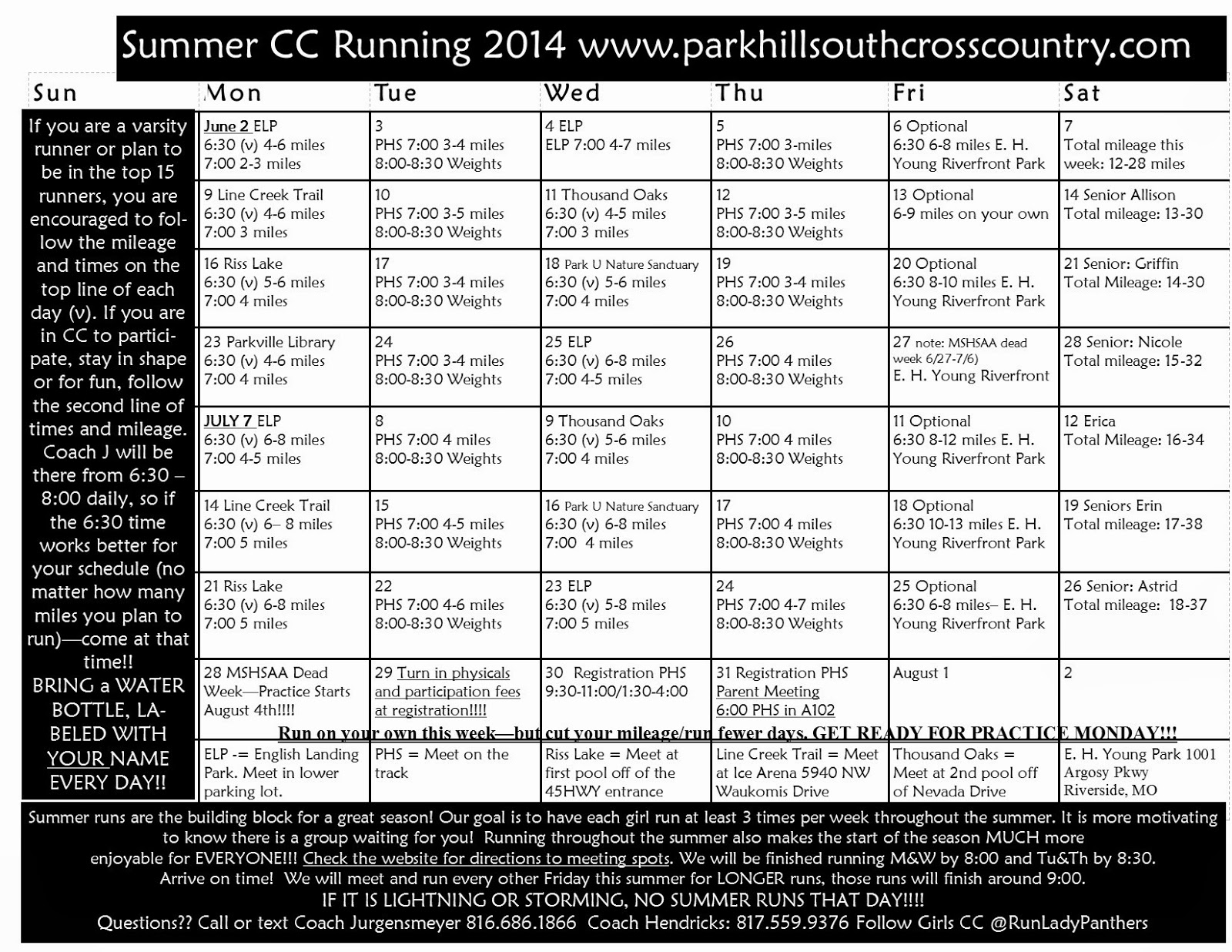 Park Hill South Girls Cross Country: Summer Running Calendar