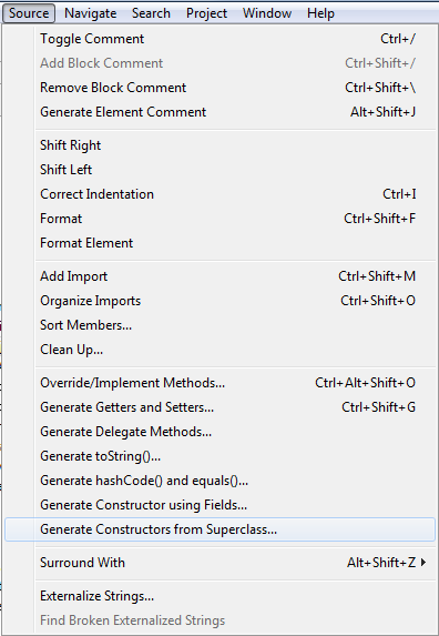 Android And Eclipse Quickly Implement Constructors Based On A Superclass In Eclipse
