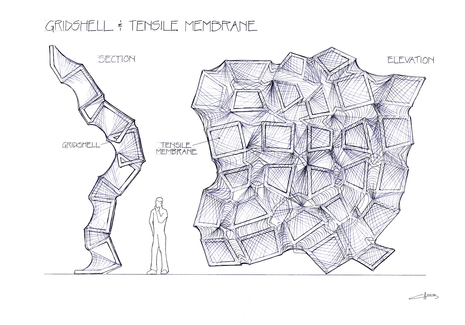 LandArt7: Grid shell + Tensile Membrane Concept