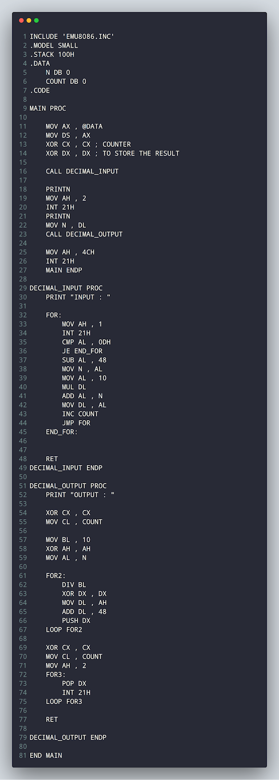 Decimal - Input Output in Assembly Language EMU8086