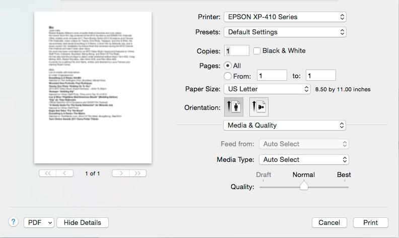 human user: Epson Draft printing mode greyed-out
