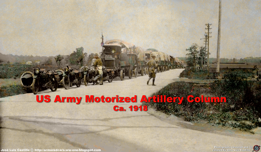 Armored Cars in the WWI: US Army Motorized Artillery Column. Circa 1918
