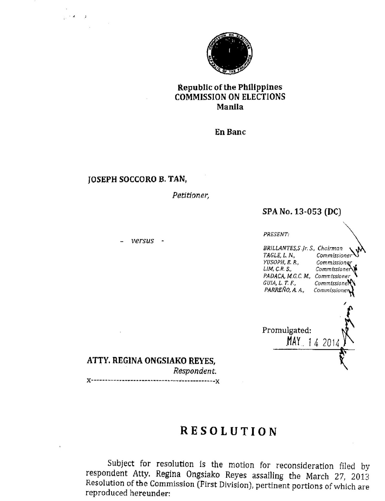 Marinduque Rising: Comelec En Banc Resolution affirming Cancellation of ...