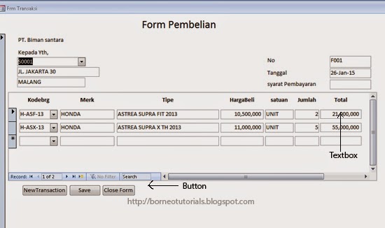 Tutorial Access:Membuat Form Transaksi Pembelian - Borneotutorials.blogspot.com