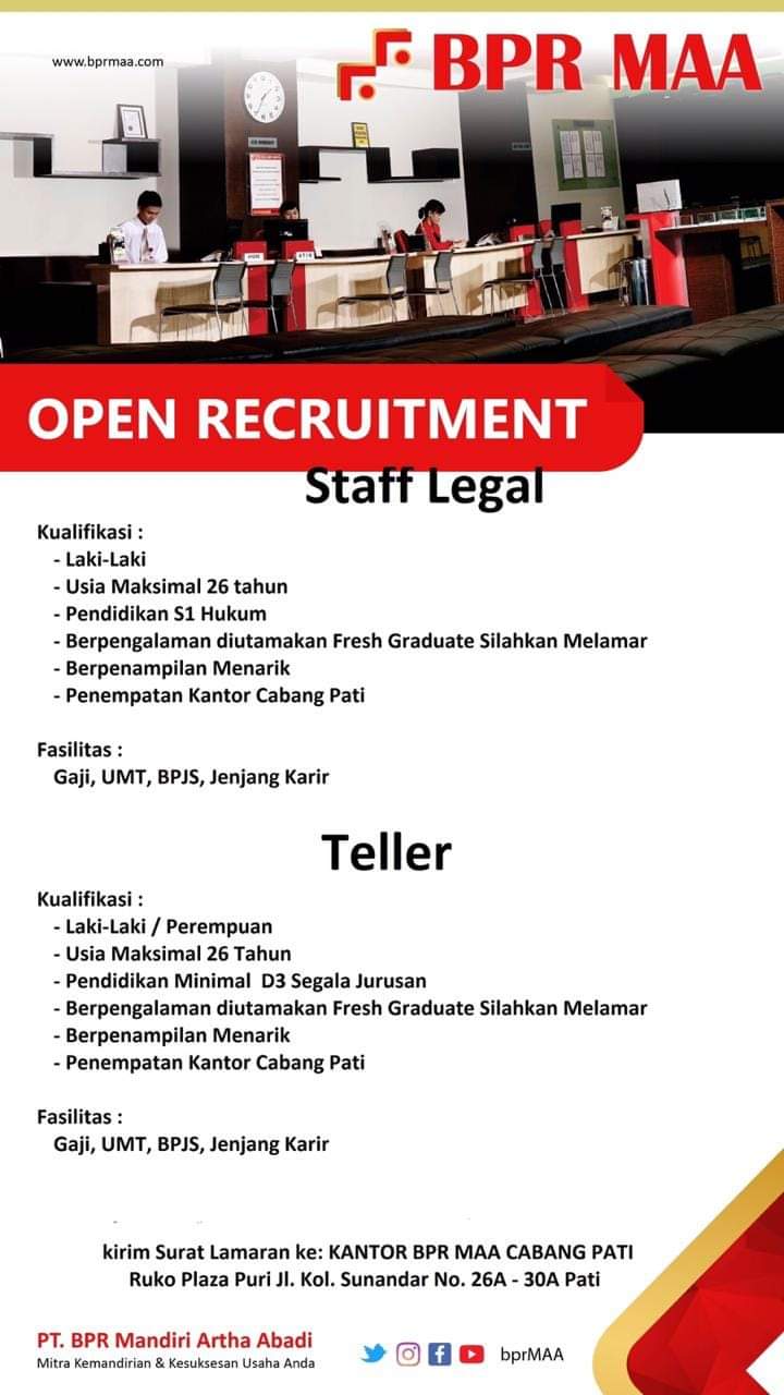 Lowongan Kerja Staff Legal & Teller PT BPR Mandiri Artha Abadi - Pati ...