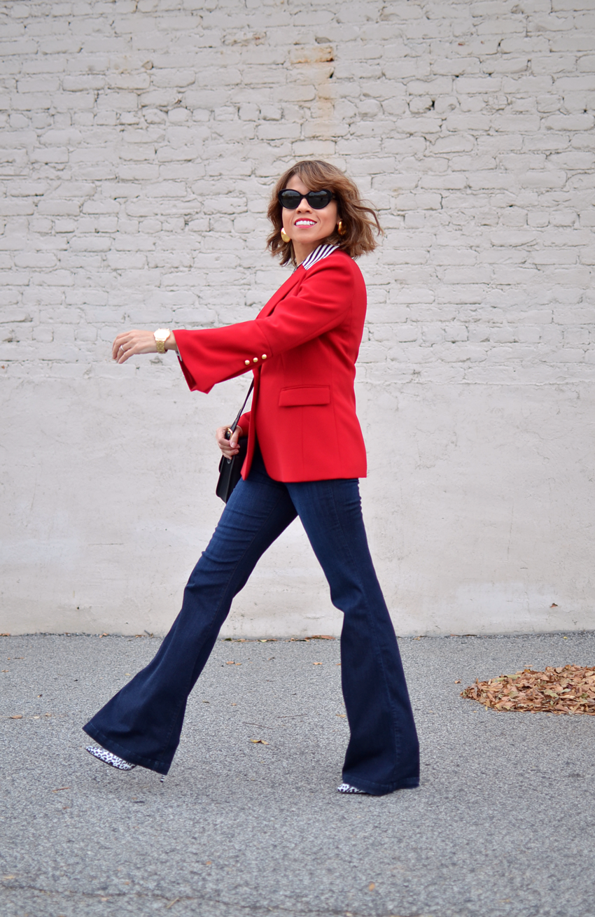 Monday Work Outfit With Flare Jeans And Bell-Sleeve Blazer | MY SMALL ...