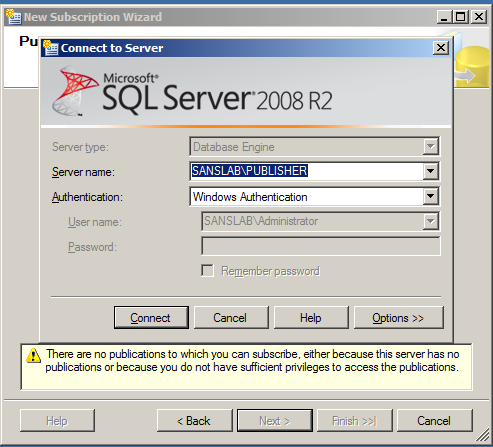 Once connected to the publisher server, choose the publisher from the ...