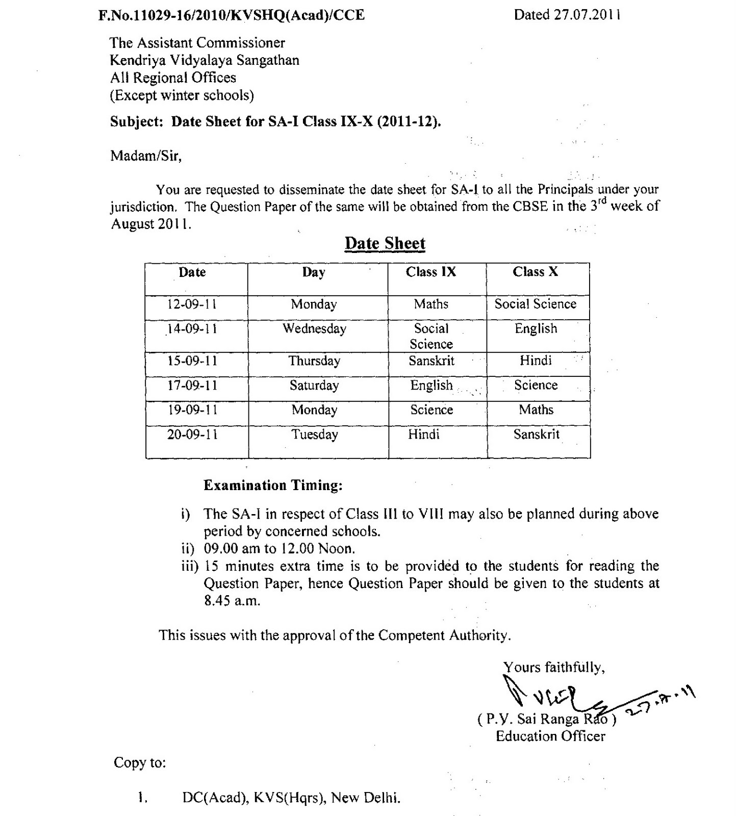 KV CME PUNE-31: Date Sheet For SA 1