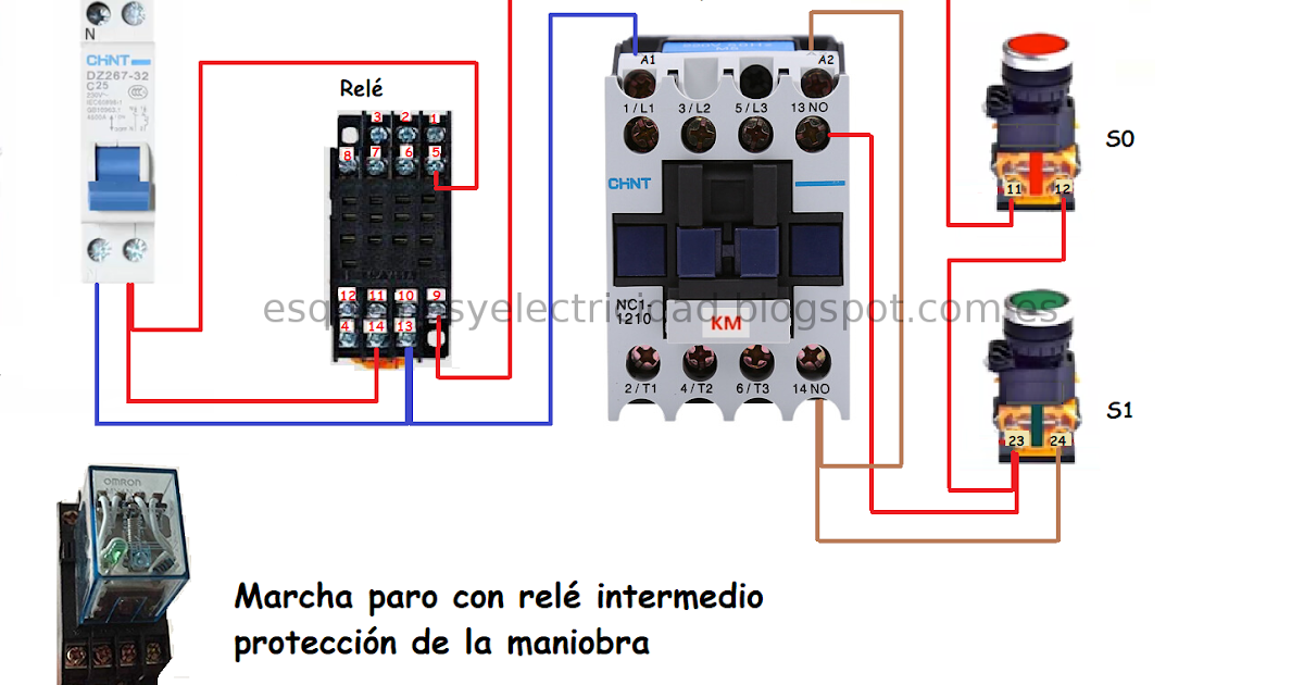 Esquemas eléctricos: Marcha paro con relé intermedio de protección de ...