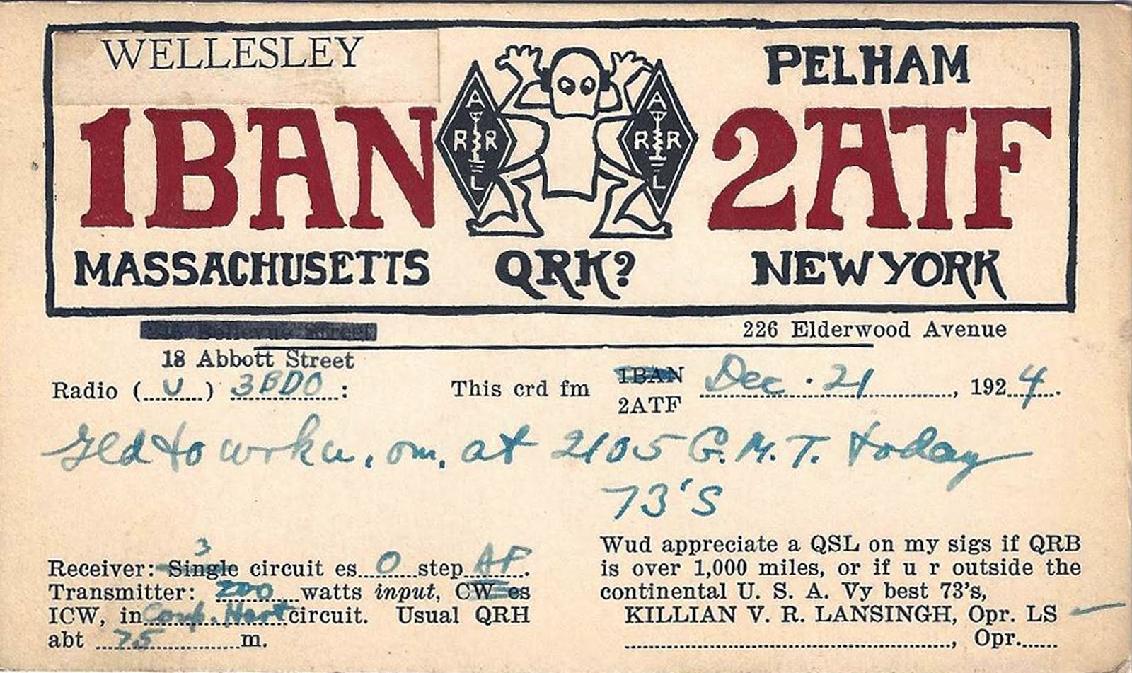 Historic Pelham: Fascinating QSL Card Sent by Killian Van Rensselaer ...