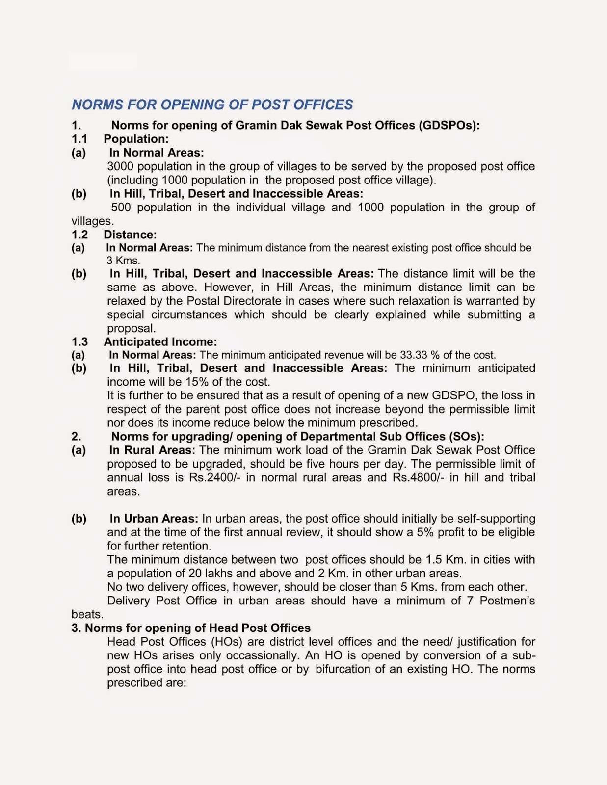 ALL INDIA POSTAL EMPLOYEES UNION - GDS (NFPE): Norms for opening of ...