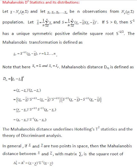 Dr C D Bhavsar: Mahalanobis D2 statistics and its distribution