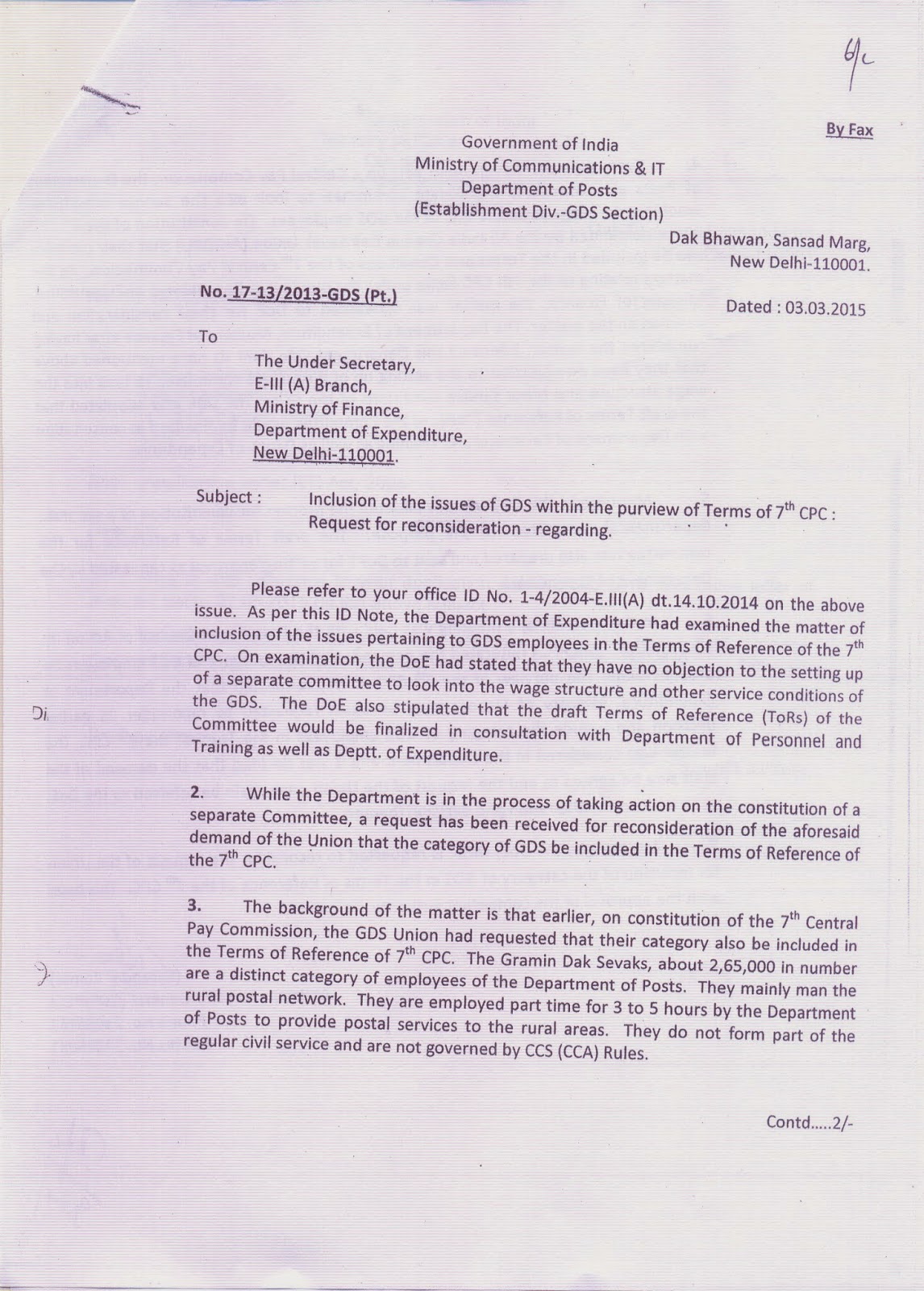 RURAL POSTAL EMPLOYEES: COPY OF LETTER REFERENCE MADE TO MINISTRY OF ...
