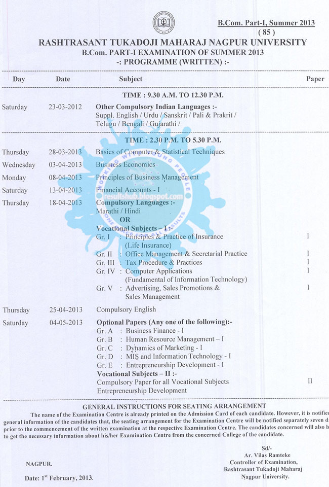 B.Com. Part 1 Timetable Summer 2013 Nagpur University