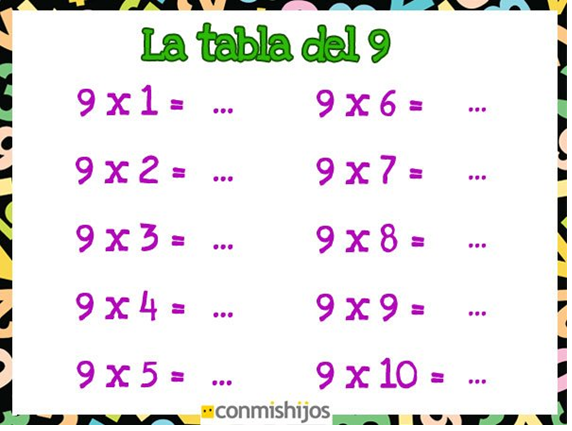 Matemáticas (tablas de multiplicar): LA TABLA DEL 9