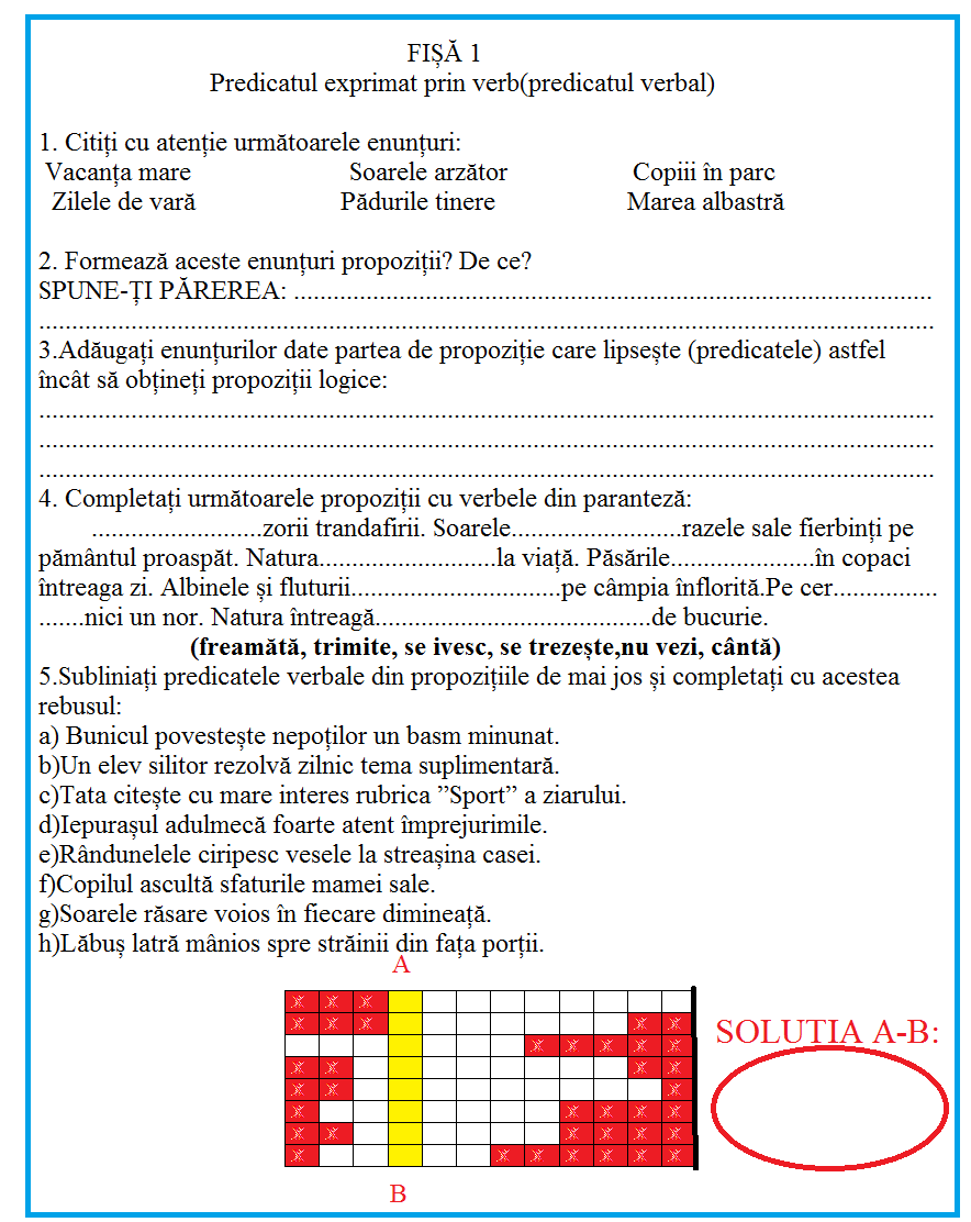Lumea lui Scolarel...: Predicatul verbal(fișă clasele III-IV)