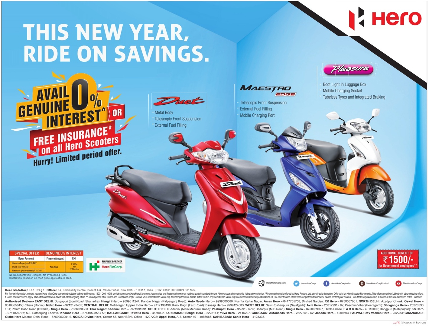 Zero (0) % interest or Free insurance on Hero Scooters | January 2017 ...