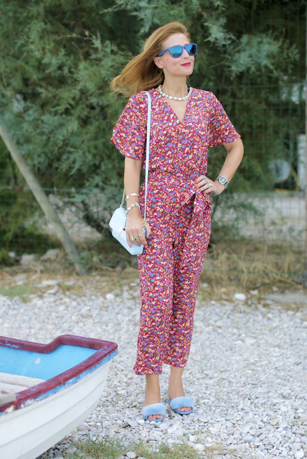 Floral jumpsuit and baby blue furry slippers | Fashion and Cookies ...