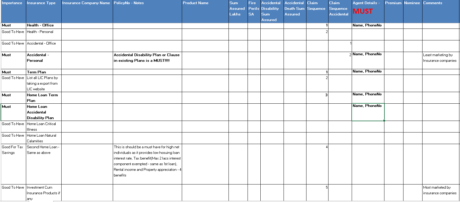 Insurance Policy Records Template
