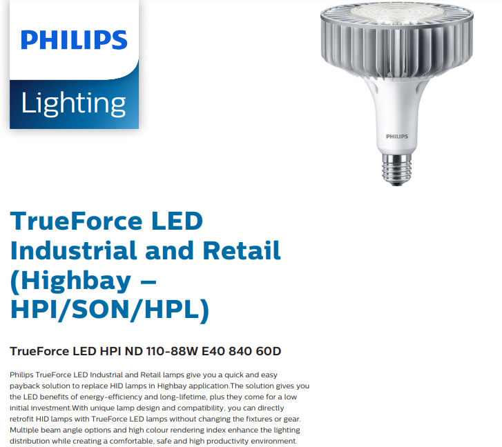 PHILIPS - TrueForce LED HPI ND 110-88W E40 840 60D | DISTRIBUTOR RESMI ...