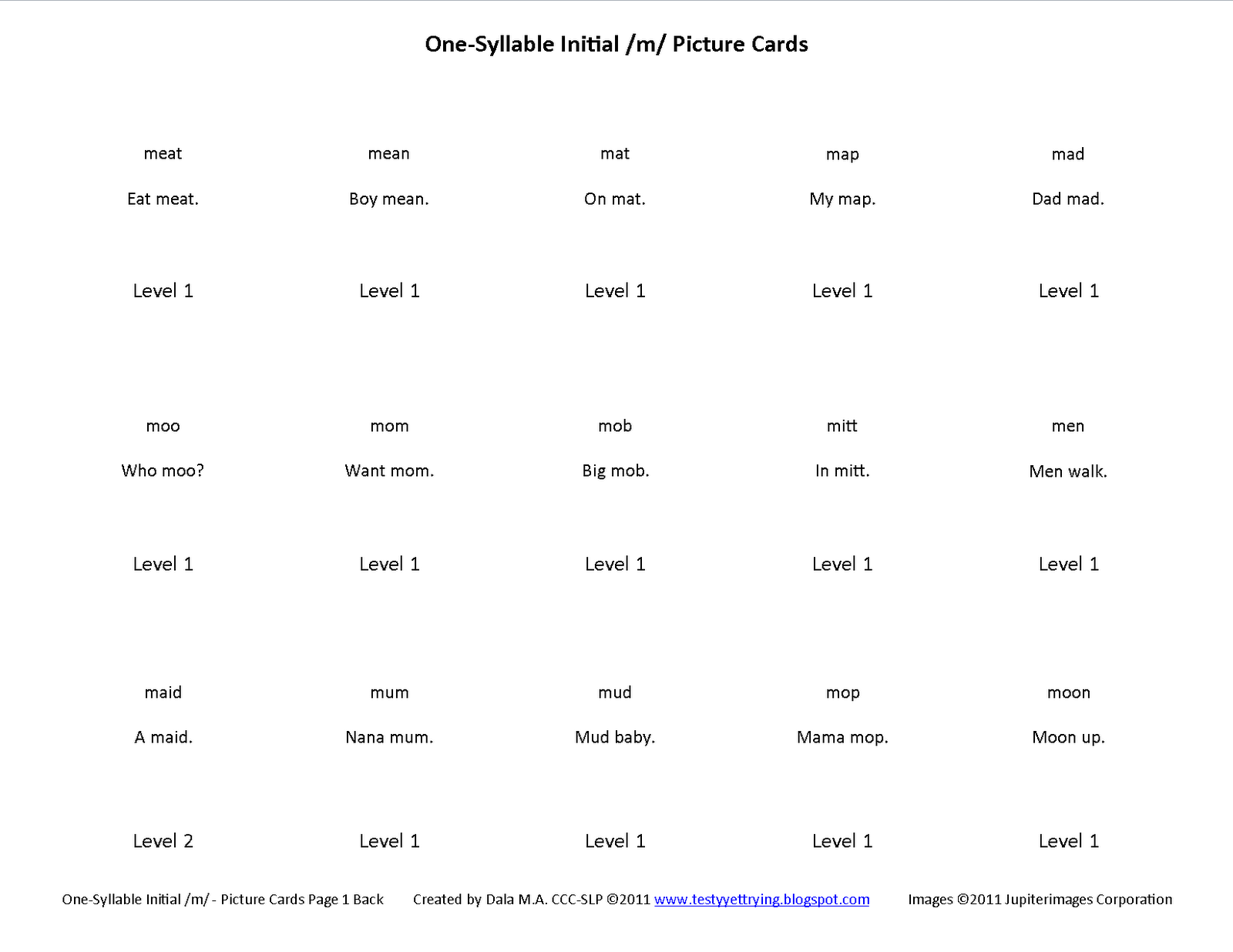Testy yet trying: Initial M: Free Speech Therapy Articulation Picture Cards