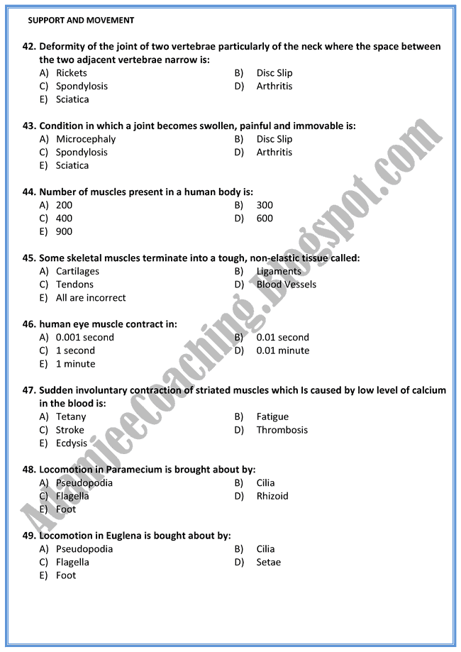 Adamjee Coaching: Biology Mcqs XII - Support And Movement - Mcqs Adamjee Coaching: Biology Mcqs XII - Support And Movement - Mcqs