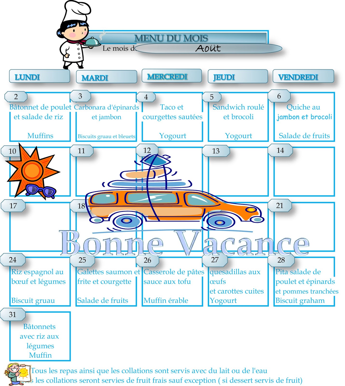 Service de garde les p'tits coeurs: Menu