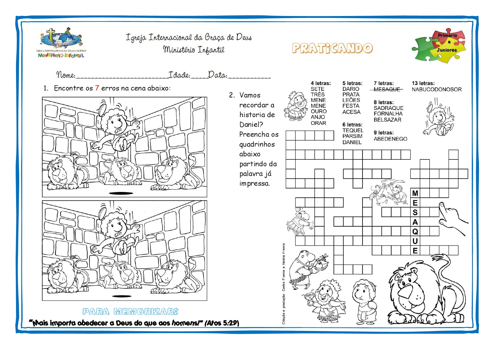 Atividades Daniel Na Cova Dos Leões Infantil - RETOEDU