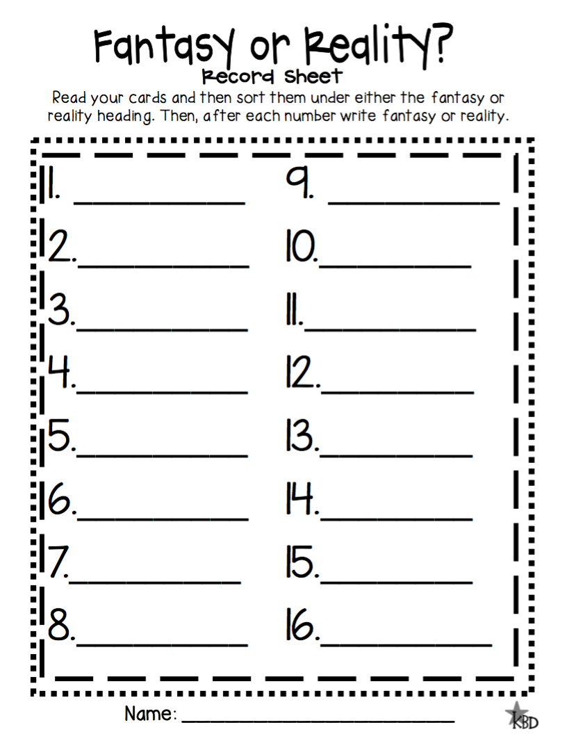 Fantasy Vs Reality Worksheet