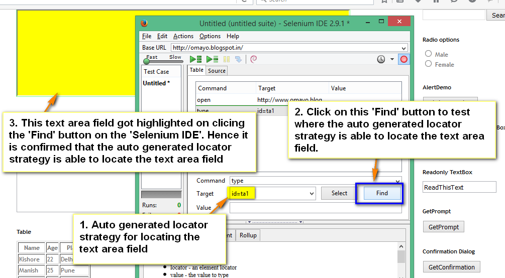 Selenium-By-Arun: Using type command in Selenium IDE for typing text into a text area field