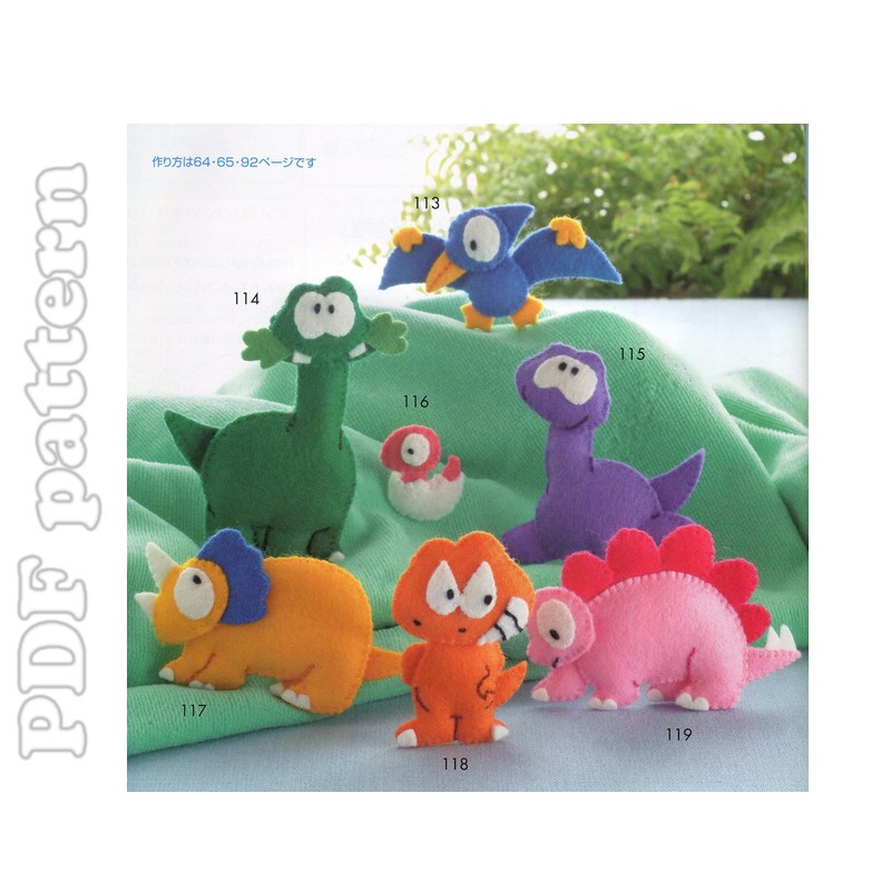 7 Dinosaurs Felt Plush Mascot Sewing Pattern PDF | CraftyLine e-pattern ...