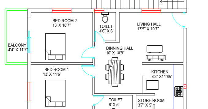 2BHK building line plan with original autocad file