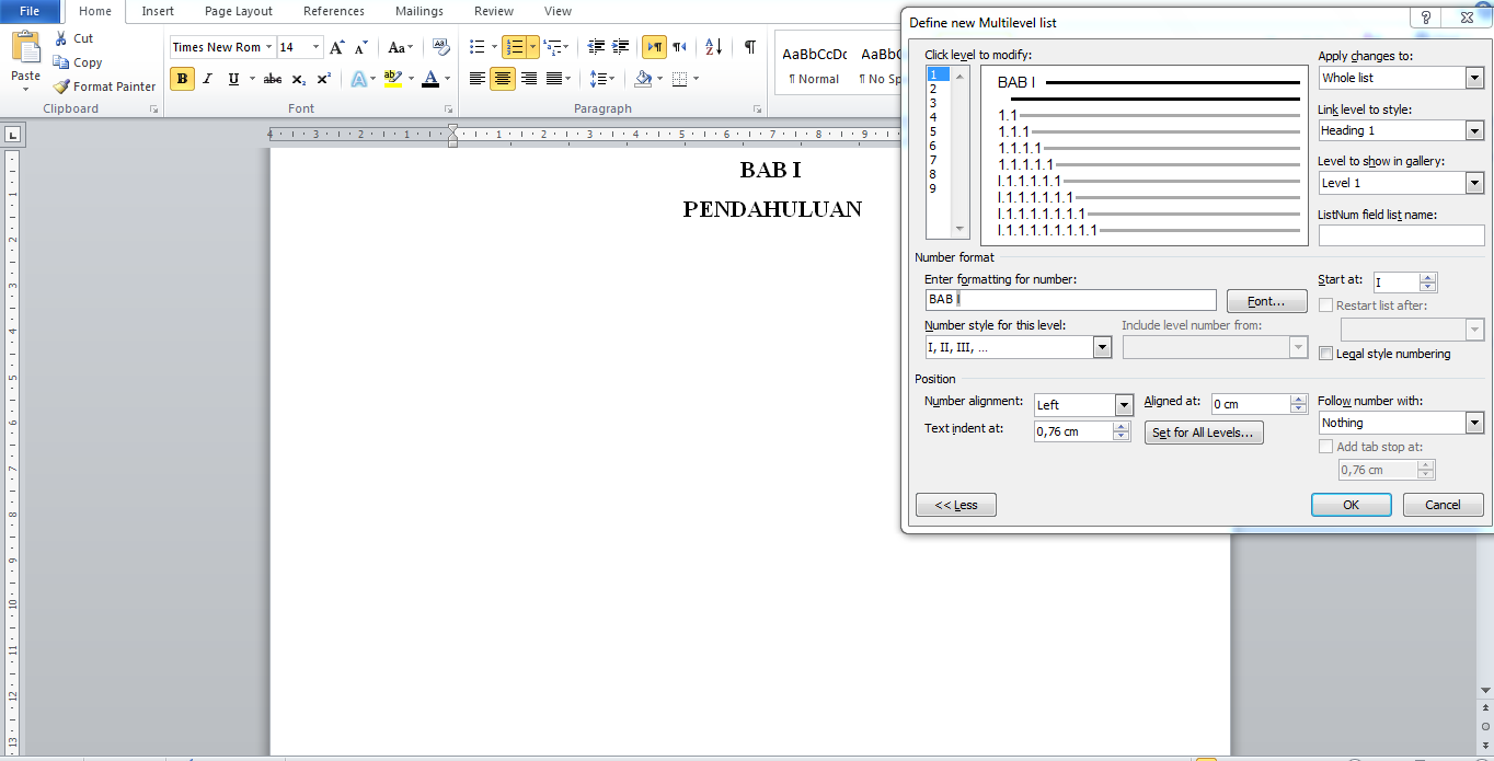Cara menggunakan Numbering pada JUDUL BAB, Sub Bab dan Sub sub bab